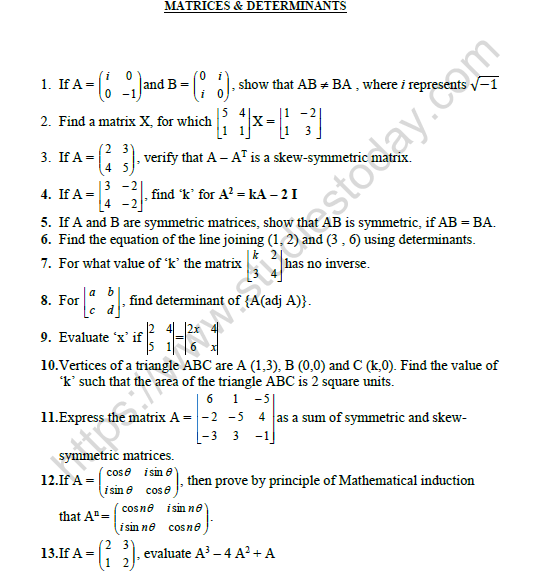 CBSE Class 12 Mathematics Matrices And Determinants Worksheet Set A CBSE Class 12 Mathematics Matrices And Determinants Worksheet Set A